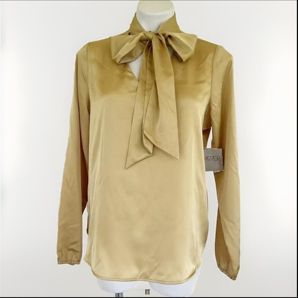 Kasper | Tops | Kasper Silky Satin Tie Front Bow Blouse Top Medium Gold ...